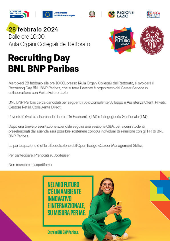 Recruiting Day BNL BNP Paribas – 28 febbraio 2024 | Sapienza Università ...